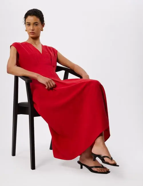 Whistles Paneled V-neck Linen Blend Midi Dress - Red
