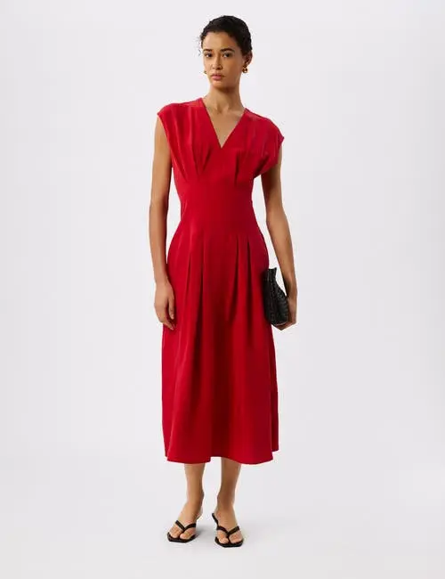 Whistles Paneled V-neck Linen Blend Midi Dress - Red