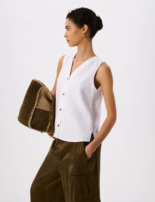 Whistles Laura Linen Button-up V-neck Tank - White
