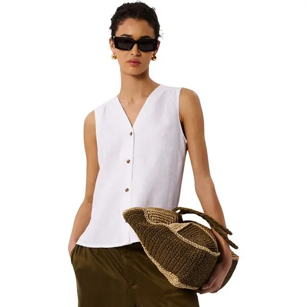 Whistles Laura Linen Button-up V-neck Tank - White