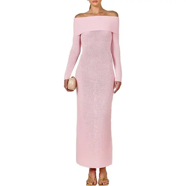 Endless Rose Off-the-shoulder Open Stitch Sweater Dress - Pink