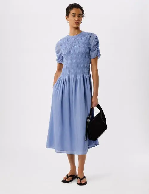 Whistles Smocked Bodice Midi Dress With Ruched Sleeves - Pale Blue