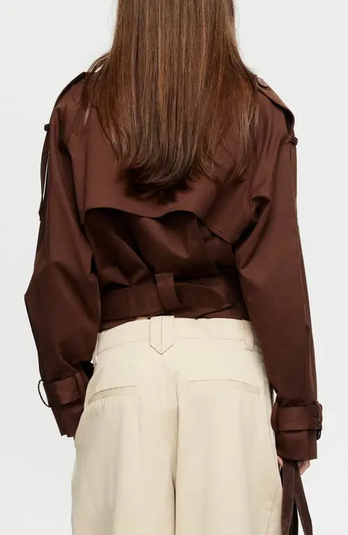 Lioness Cropped Trench Coat With Funnel Neck - Chocolate