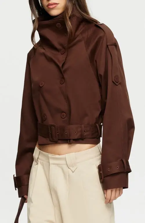 Lioness Cropped Trench Coat With Funnel Neck - Chocolate
