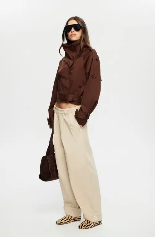Lioness Cropped Trench Coat With Funnel Neck - Chocolate