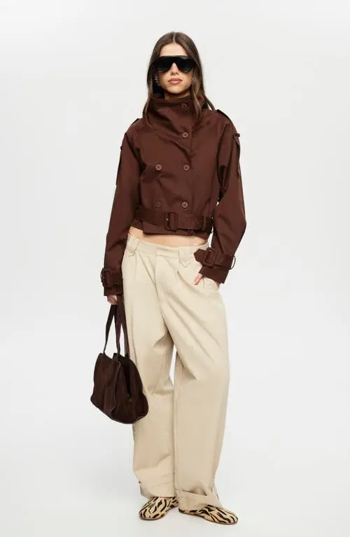 Lioness Cropped Trench Coat With Funnel Neck - Chocolate
