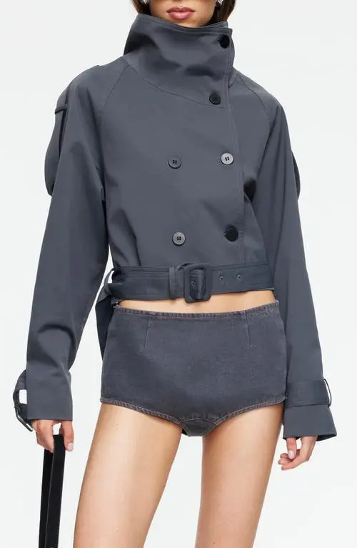 Lioness Cropped Trench Coat With Funnel Neck - Slate