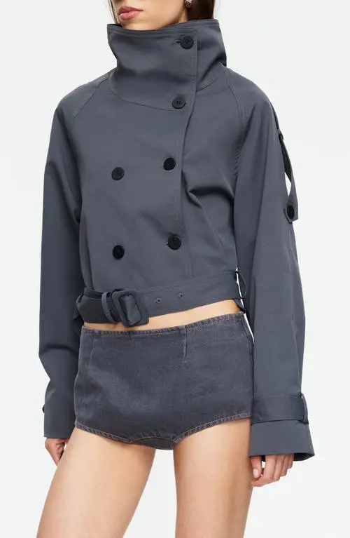 Lioness Cropped Trench Coat With Funnel Neck - Slate