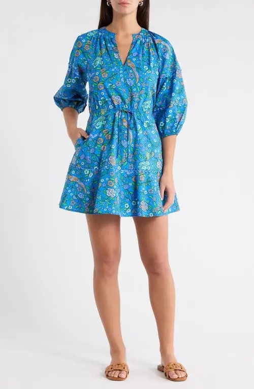 SUGARLIPS Dabria Floral Print Split Neck Mini Dress - Blue-greens
