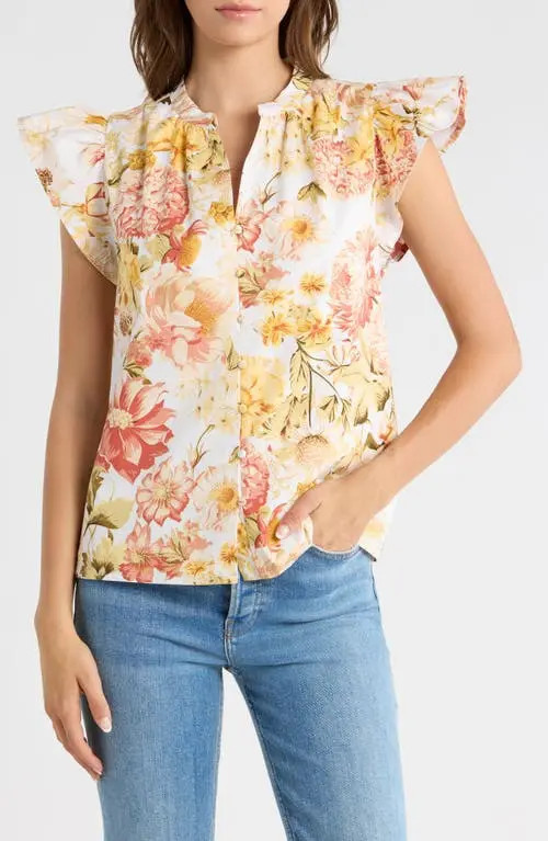SUGARLIPS Floral Split Neck Stretch Cotton Top - Coral-mult