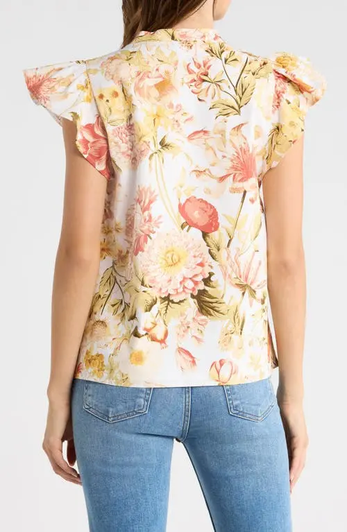 SUGARLIPS Floral Split Neck Stretch Cotton Top - Coral-mult