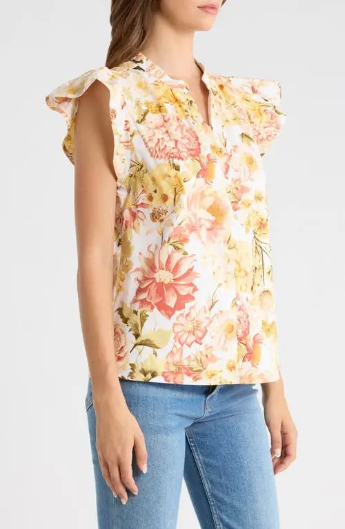 SUGARLIPS Floral Split Neck Stretch Cotton Top - Coral-mult