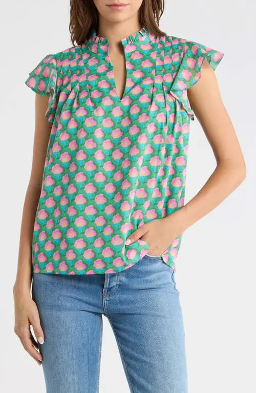 SUGARLIPS Floral Split Neck Stretch Cotton Top - Coral-multi