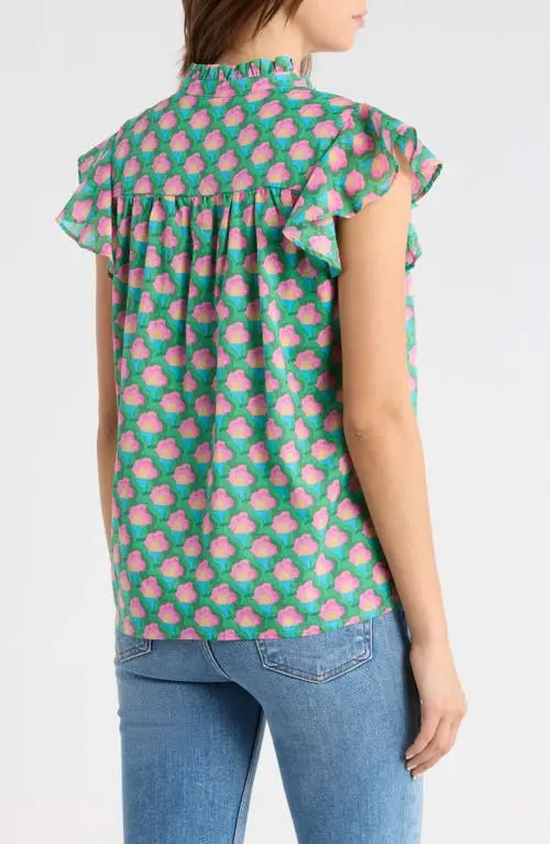 SUGARLIPS Floral Split Neck Stretch Cotton Top - Coral-multi
