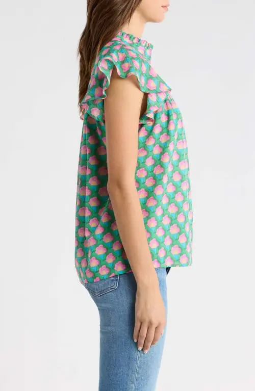 SUGARLIPS Floral Split Neck Stretch Cotton Top - Coral-multi