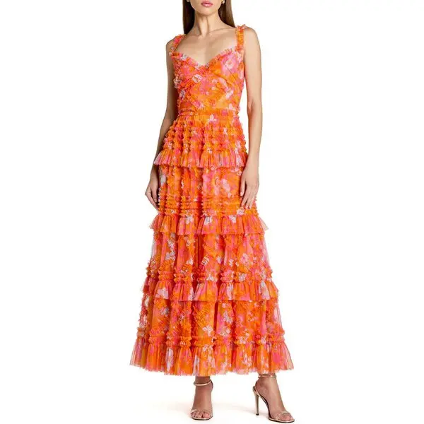 Mac Duggal Sleeveless Floral Ruffle A-line Maxi Dress - Orange Multi
