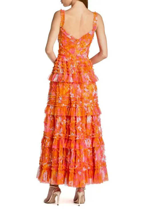 Mac Duggal Sleeveless Floral Ruffle A-line Maxi Dress