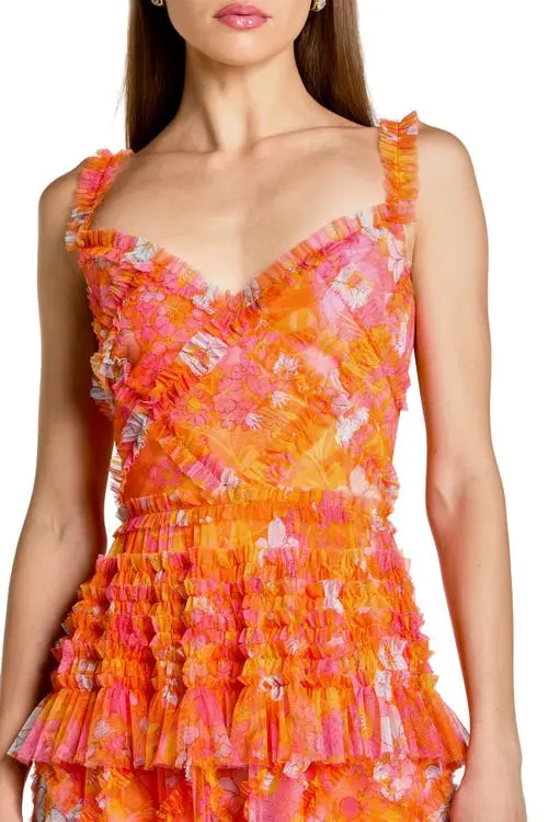 Mac Duggal Sleeveless Floral Ruffle A-line Maxi Dress