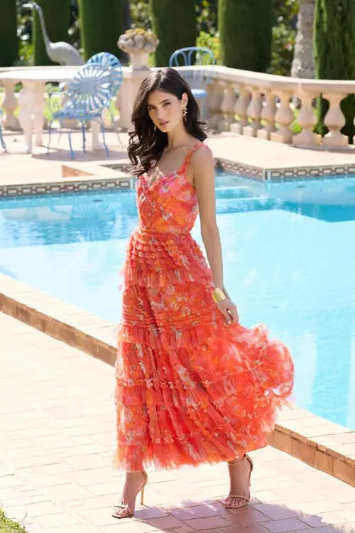 Mac Duggal Sleeveless Floral Ruffle A-line Maxi Dress
