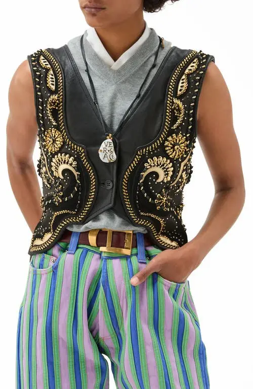 Versace Embellished Leather Crop Vest