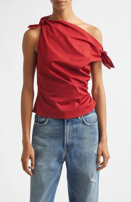 Staud Bellaria One-shoulder Stretch Cotton Top With Tie Accents - Rouge