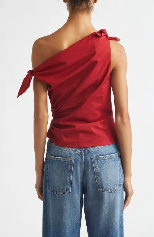 Staud Bellaria One-shoulder Stretch Cotton Top With Tie Accents - Rouge