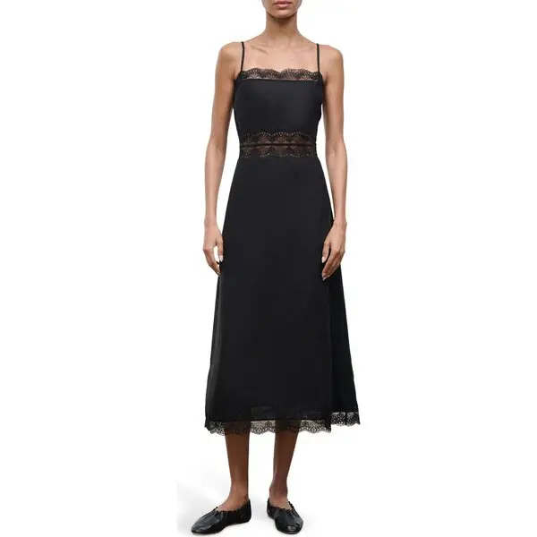 Staud Lace Detail Linen Midi Dress - Black