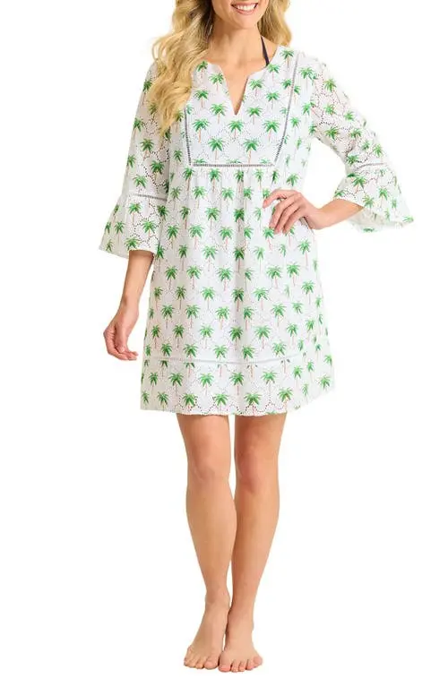 Tommy Bahama Eyelet Cove Split Neck Bell Sleeve Upf 50+ Cover-up Dress - White