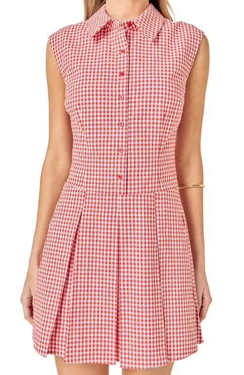 English Factory Sleeveless Gingham Check Mini Shirt Dress - Red Plaid