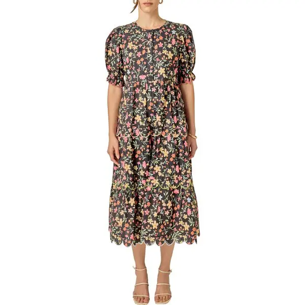 English Factory Floral Print Midi Dress With Scalloped Hem - Black