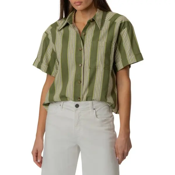 Kut From The Kloth Aida Stretch Cotton Blend Short Sleeve Button-up Top - Olive/ivory