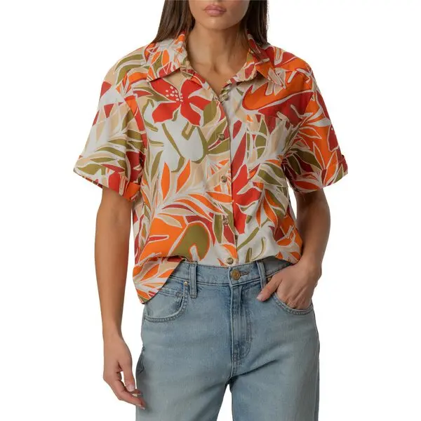 Kut From The Kloth Aida Stretch Cotton Blend Short Sleeve Button-up Top - Red/orange