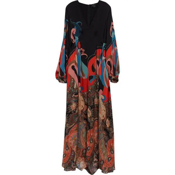 Etro Paisley Long Sleeve Silk Maxi Dress - Printed Black Base