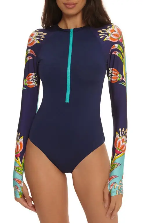 Trina Turk Flamingo Long Sleeve Rashguard One-piece Swimsuit - Multi