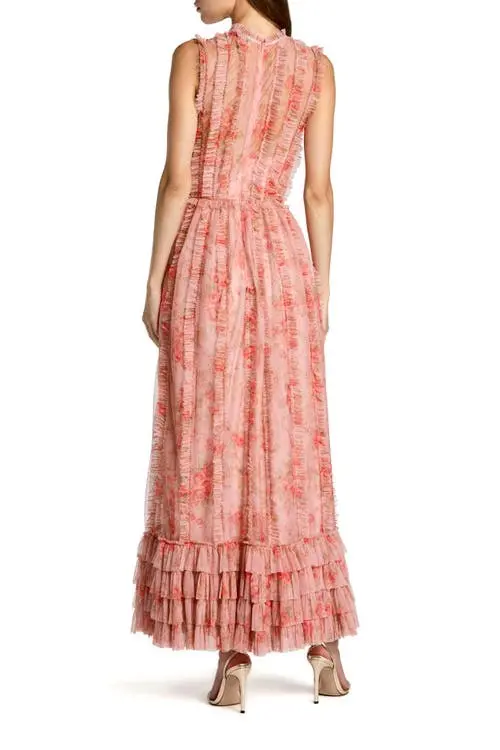 Mac Duggal Floral Mesh High Neck Midi Dress With Ruffles