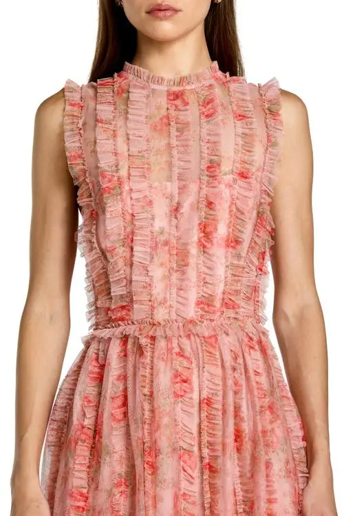Mac Duggal Floral Mesh High Neck Midi Dress With Ruffles