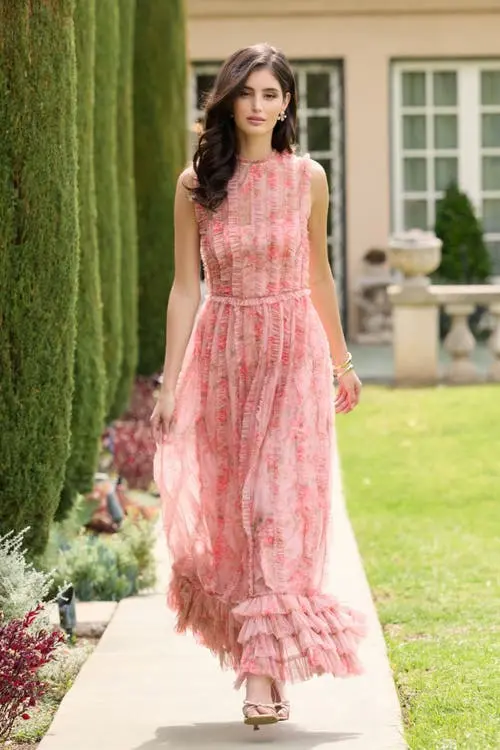 Mac Duggal Floral Mesh High Neck Midi Dress With Ruffles