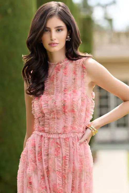 Mac Duggal Floral Mesh High Neck Midi Dress With Ruffles
