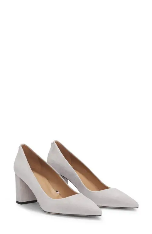 BOSS Janet Suede Pointed Toe Block Heel Pumps - Medium Grey