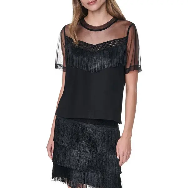 Dkny Fringe Detail Cotton Blend Mesh Top