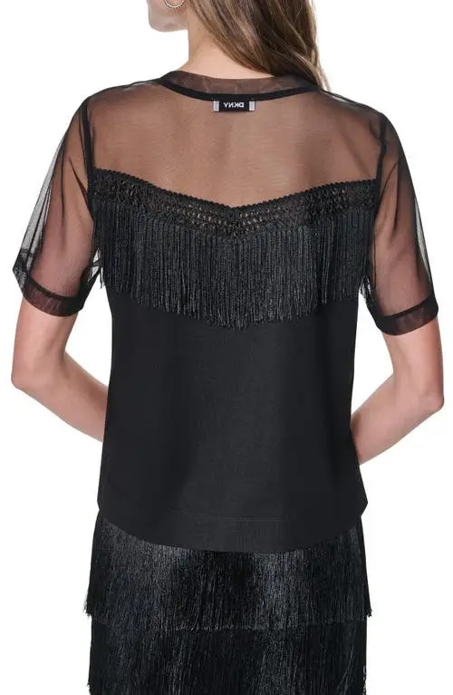 Dkny Fringe Detail Cotton Blend Mesh Top