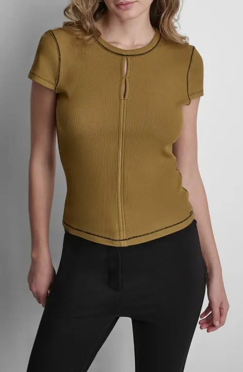 Dkny Ribbed Knit Top With Contrast Stitching And Cutout Detail - Dune