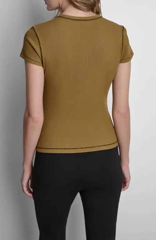 Dkny Ribbed Knit Top With Contrast Stitching And Cutout Detail - Dune