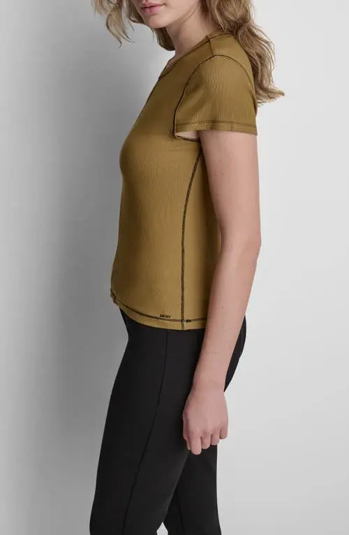 Dkny Ribbed Knit Top With Contrast Stitching And Cutout Detail - Dune