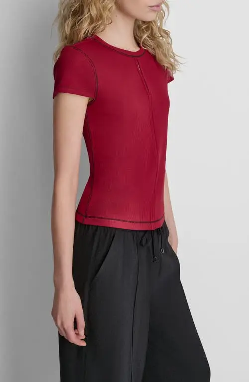 Dkny Ribbed Knit Top With Contrast Stitching And Cutout Detail