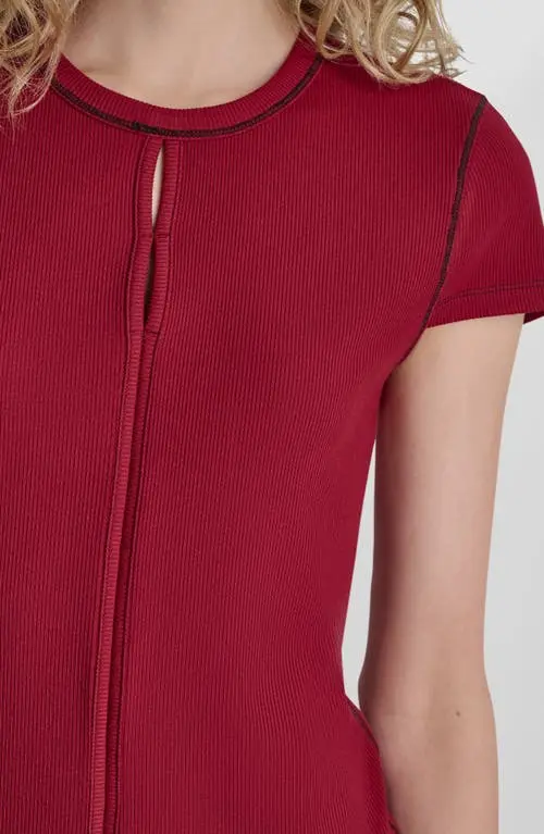 Dkny Ribbed Knit Top With Contrast Stitching And Cutout Detail