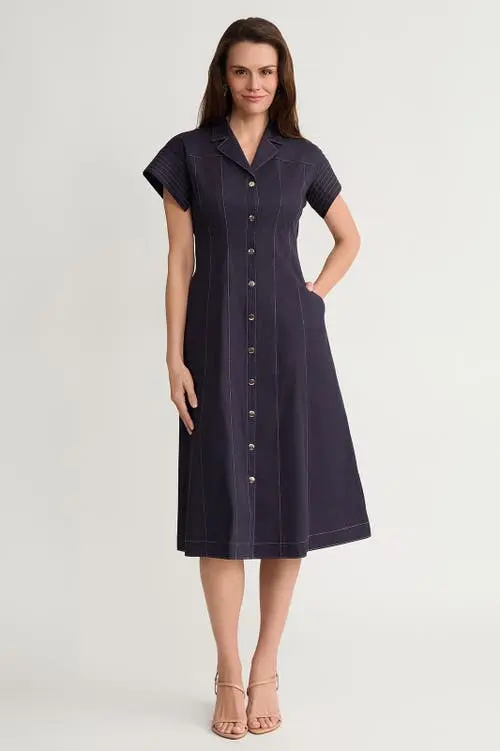 Ming Wang Fit-n-flare Contrast Stitch Cotton Maxi Dress - Indigo/white