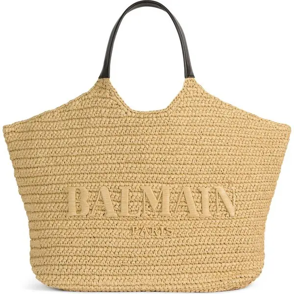 Balmain Crochet Tote Bag With Embossed Logo - Beige