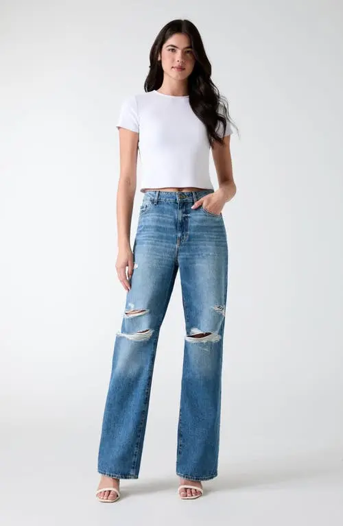 Guess High Waist Ripped Straight Leg Jeans