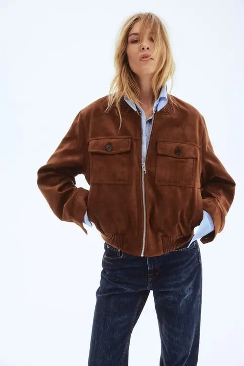 H&m Napped Finish Bomber Jacket With Zip-up Front